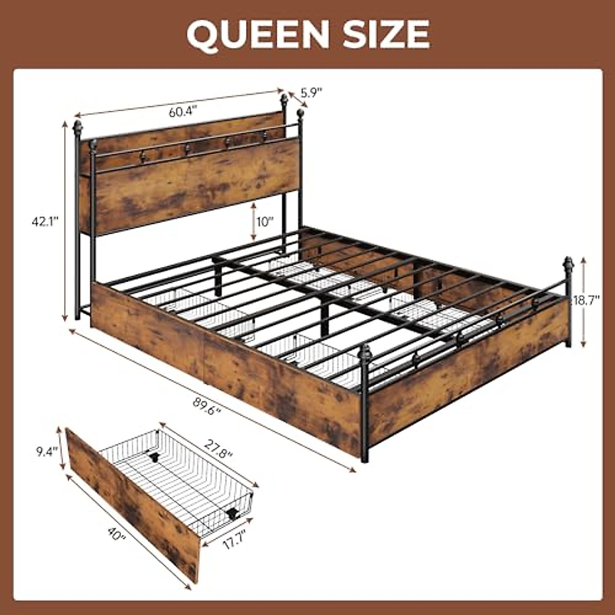 FORABAMB Queen Bed Frame with 4 Drawers, LED Bed Frame Queen Size with Headboard and Charging Station, Metal Platform Bed with Storage, No Box Spring Needed, Easy Assembly, Rustic Brown