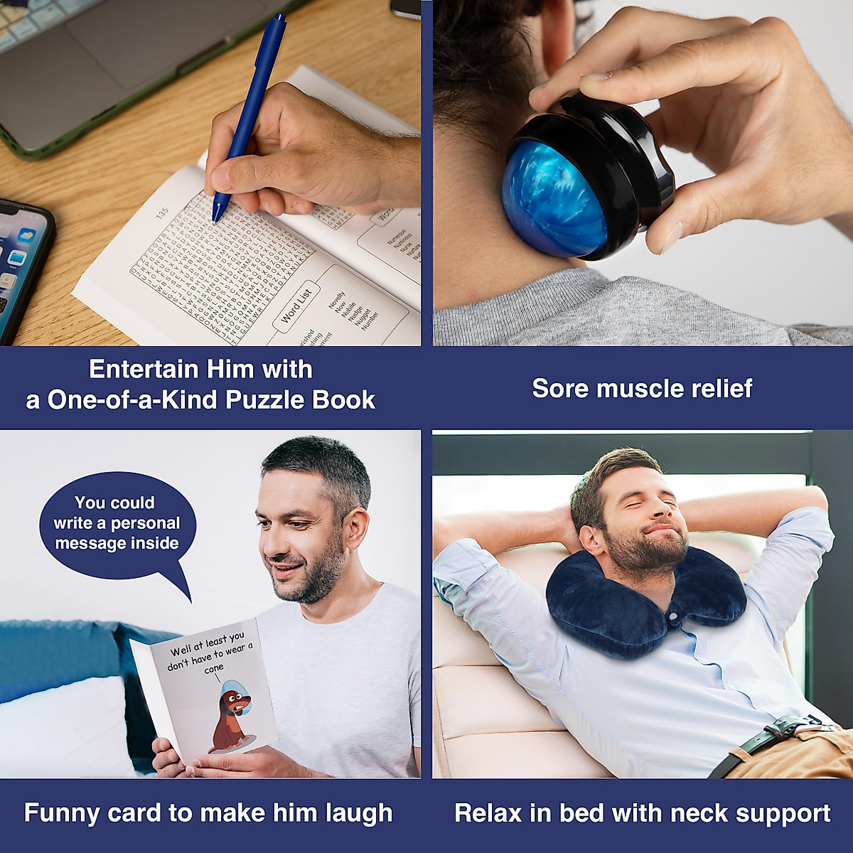 Amabeen Gifts Get Well Soon Gift Basket for Men – Recovery & After Surgery Care Package - Plush Blanket, Insulated Tumbler, Neck Pillow, Massage Roller, Puzzle Book, Funny Card, Pen