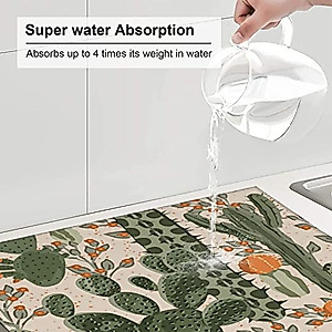 Green Cactus Printed Drying Mat For Kitchen Ultra Absorbent Microfiber Dishes Drainer Mats Non-Slip Silicone Quick Dry Pad - 18 X 16inch