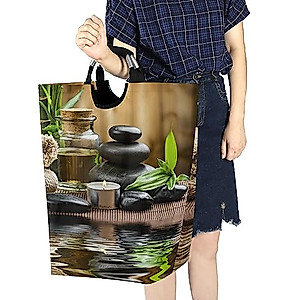 Flradish Zen Basalt Stones on Wood Large Laundry Hamper Collapsible Waterproof Freestanding Laundry Basket with Handles for Laundry Living Room,Bathroom