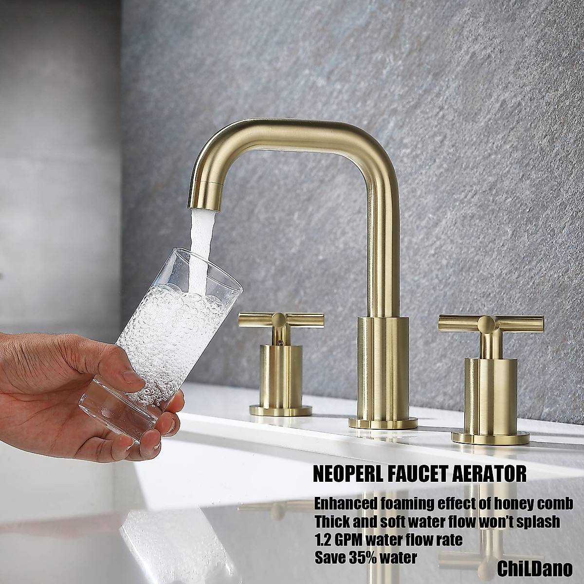 8 Inches Widespread Bathroom Faucet Brushed Gold, 2 Handle Brass Bathroom Faucets for Sink 3 Hole with Valve and Pop-Up Drain Assembly by ChiLDano, CH3163BG