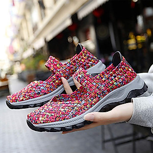 GOSPT Women's Elastic Woven Walking Shoes Mary Jane Flats Slip on Sneakers Multicoloured Red 7.5
