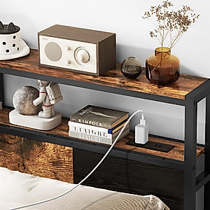 Livofloral Queen Size Headboard, Headboards with Charging Station, USB Port and LED Light, Head Board with 2-Tier Storage Shelf, Adjustable Height, Easy Assembly, Sturdy and Stable, Rustic Brown