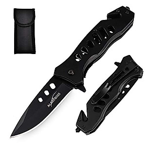 ALBATROSS FK003-H EDC Multifunction Folding Pocket Knife,Spring Assisted Opening Knives with Liner Lock,Pocket clip,Glass Harmer,Seatbelt Cutter, 9-holes