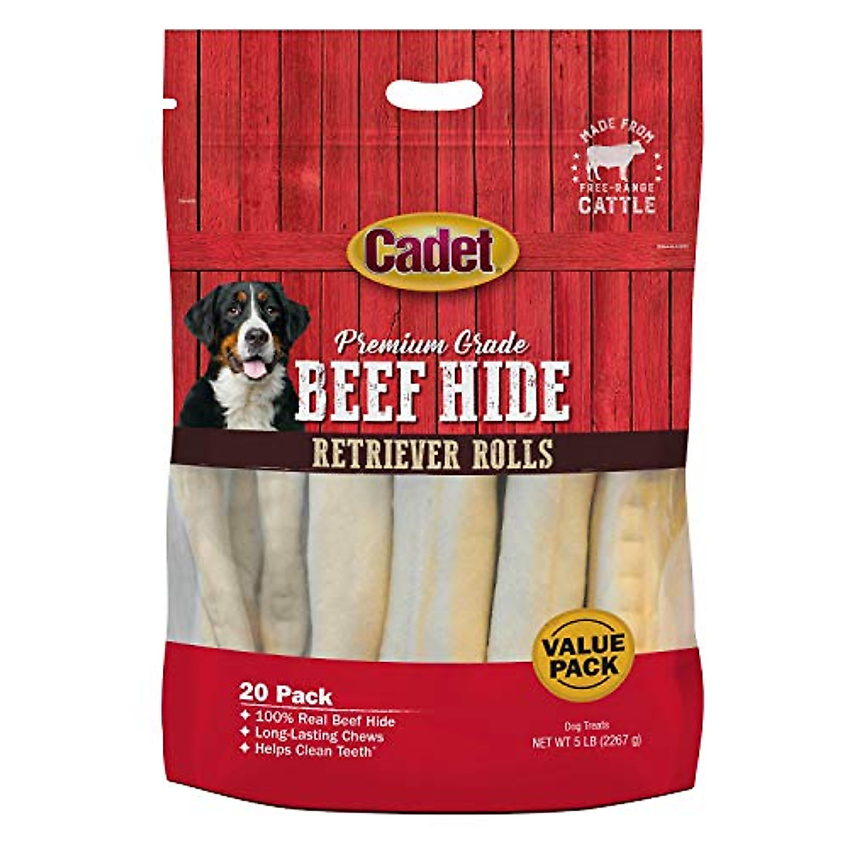 Cadet Premium Grade Beef Hide Retriever Rolls for Dogs 20 Pack, 5 Pounds