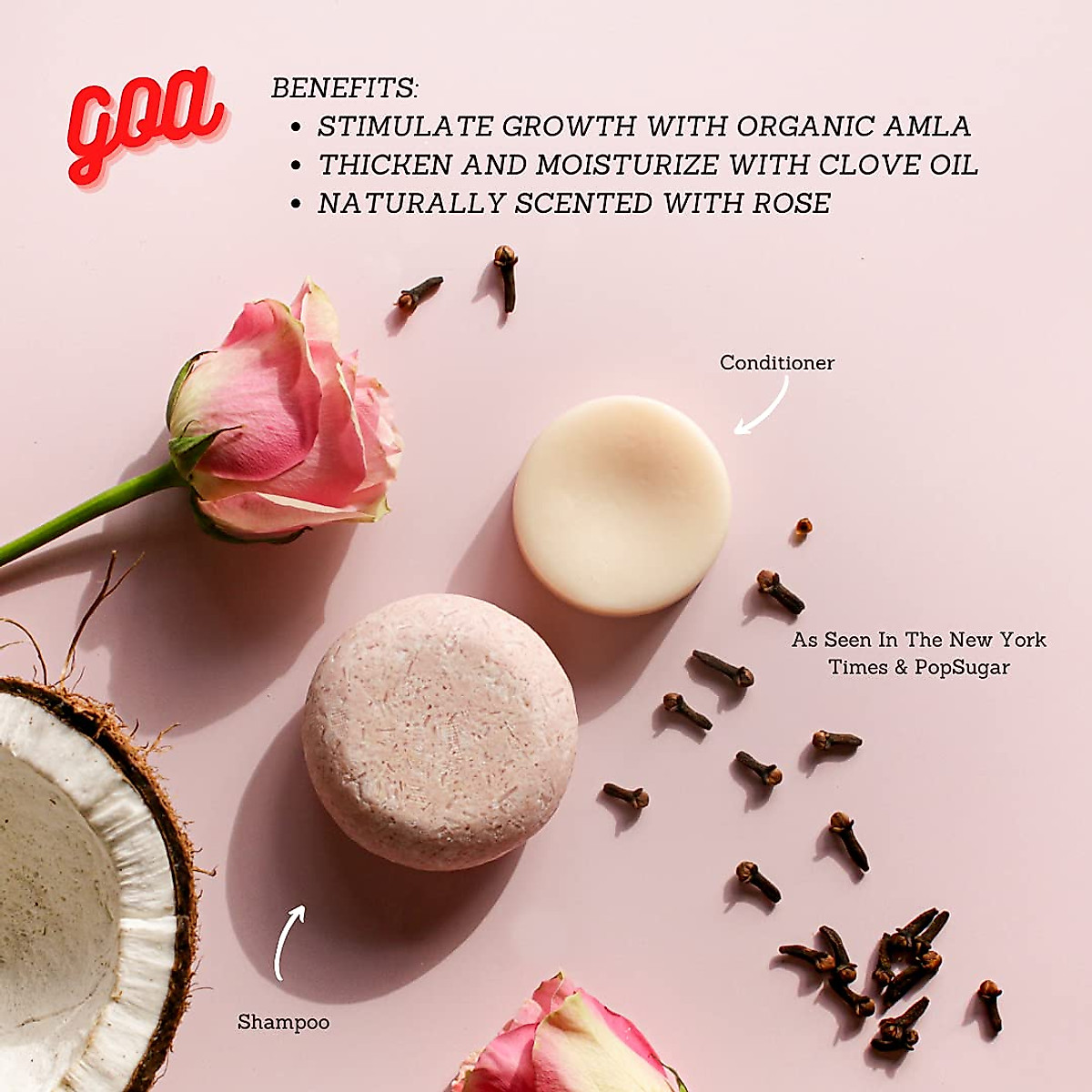 GOA Hair Growth- Luxury Solid Shampoo and Conditioner Bars Set with Indian Gooseberry (Amla), Rose, Clove. Made in USA, Travel-Friendly, Plant-based, Zero-Waste & Vegan Full Size 3.9oz