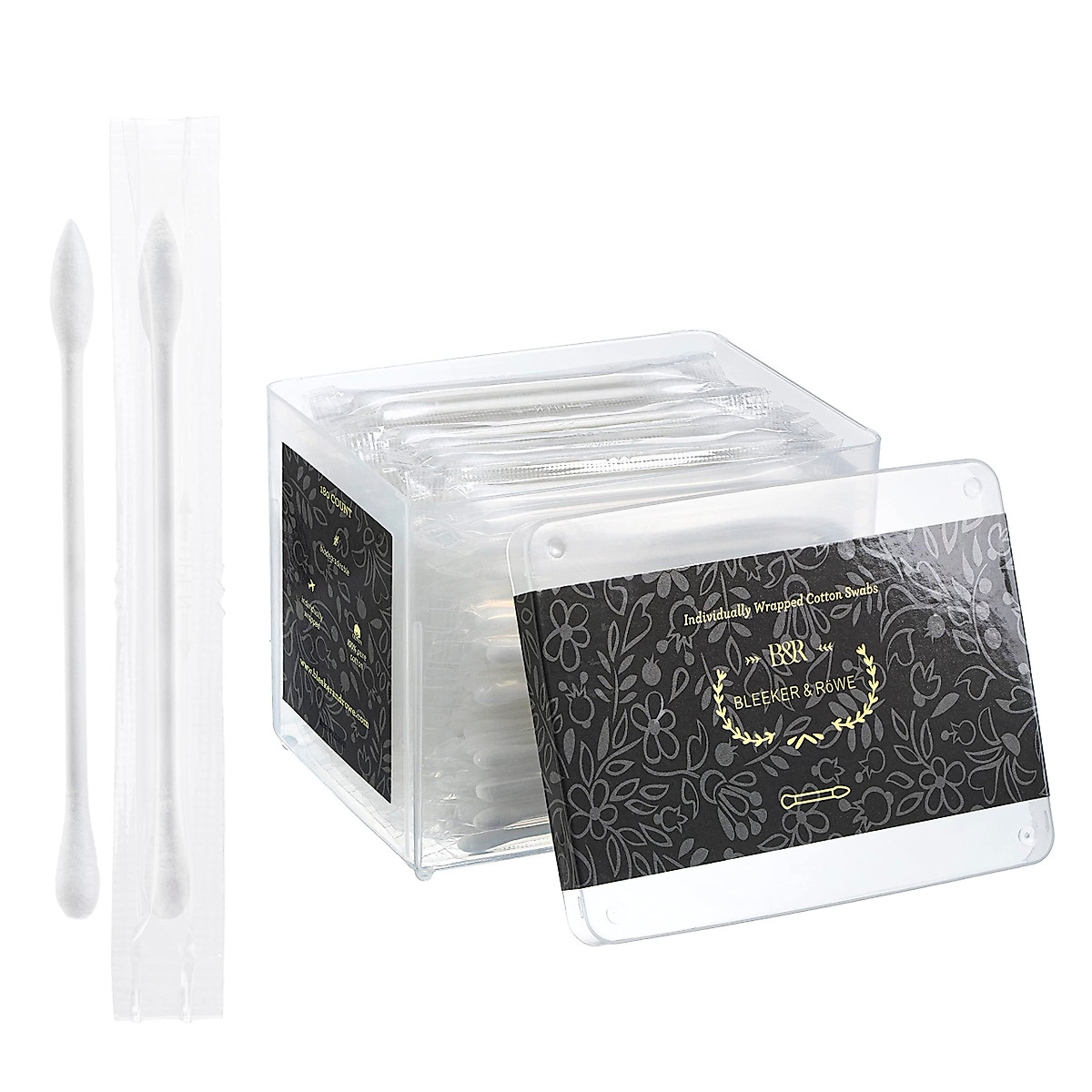 Pointed Q Tips Qtip Bleeker and Röwe Individually Wrapped Cotton Swabs 180 Count - Chlorine & Oil Free - Recyclable & Biodegreadable - Perfect for Travel Makeup