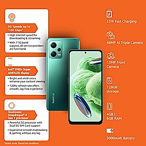 Xiaomi Redmi Note 12 5G (For Tmobile Mint Tello & Global) (128gb + 6gb) Factory Unlocked 6.67 48Mp Triple Camera (Frosted Green)