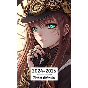 Pocket Calendar 2024-2026: Two-Year Monthly Planner for Purse , 36 Months from January 2024 to December 2026 | Steampunk rings | Anime girl