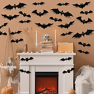 Bats Halloween Decorations Indoor, 110 Pcs Halloween Bats with Glow in The Dark Eyes, 3D Bats for Halloween Wall Decor, 5 Styles, 136 Pcs of Double-Sided Tape Included