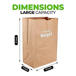Large Paper Grocery Bags, 12x7x17 Kraft Brown Heavy Duty Sack 57 Lbs Basis Weight (100)