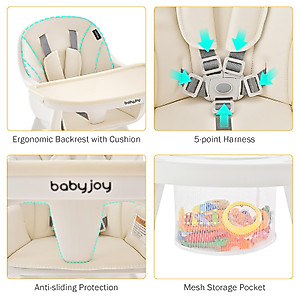 BABY JOY 7 in 1 Baby High Chair, Convertible Infant Feeding Chair w/Removable Tray, Adjustable Legs & Storage Basket, Toddler Building Block Table/Kids Table & Chair Set, Beige