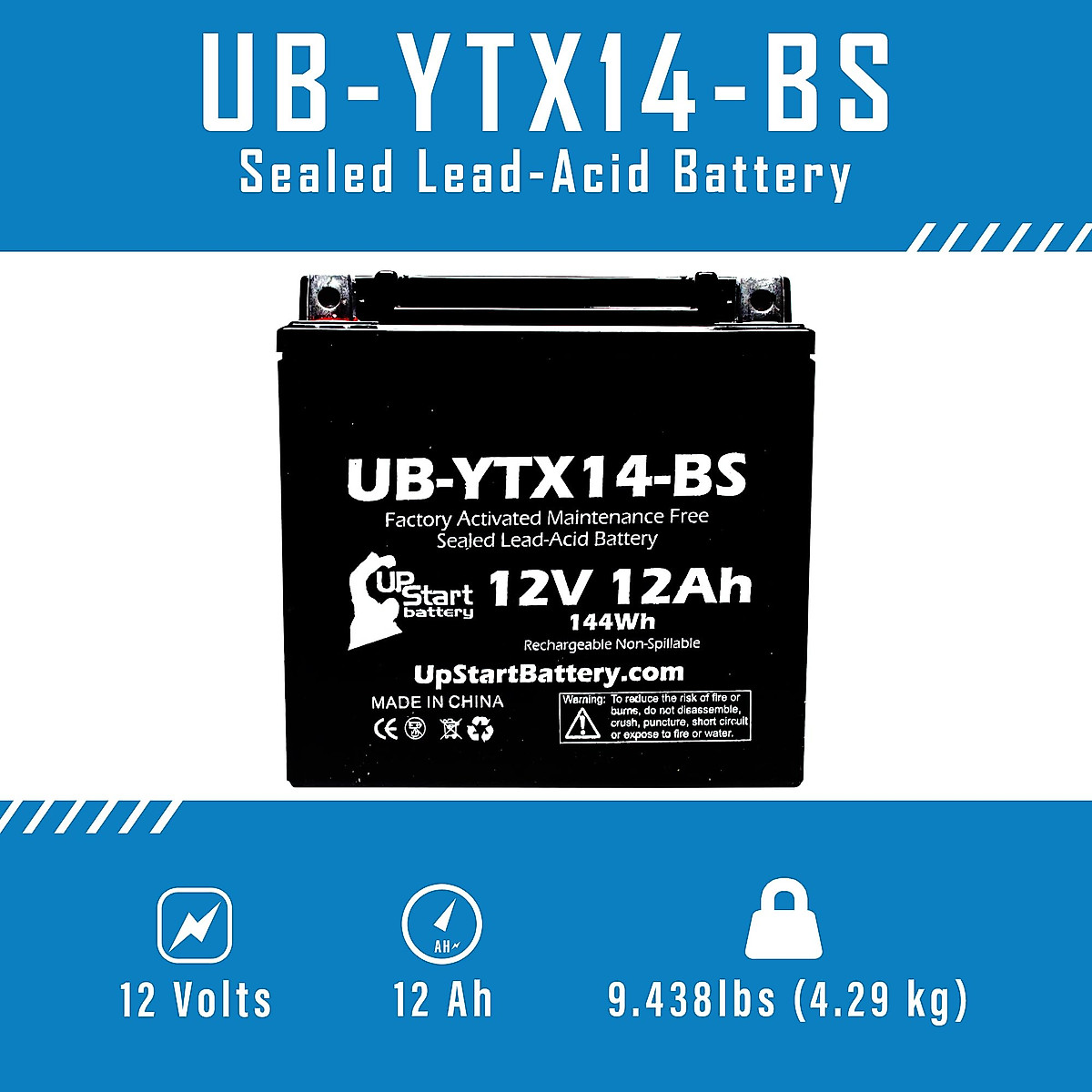 Replacement for 1999 Honda GL1500 Valkyrie 1500 CC Factory Activated, Maintenance Free, Motorcycle Battery - 12V, 12AH, UB-YTX14-BS
