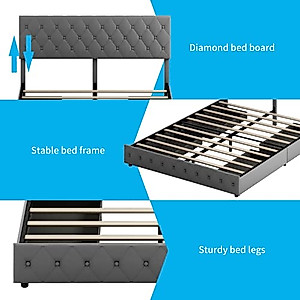 Mjkone Upholstered Bed Frame with 4 Storage Drawers, PU Leather King Size Platform Bed Frames with Adjustable Headboard, No Box Spring Needed/Easy Assembly/No Mattress (King, Dark Grey)