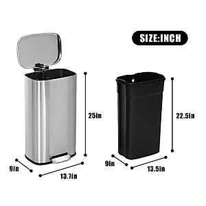 Kitchen Trash Can Brushed Stainless Steel 8 Gallon/30L Step Garbage Can Small & Tall Waste Basket with Lid & Plastic Inner Bucket Metal Pedal Recycle Rubbish Bin for Kitchen, Bathroom, Bedroom, Office