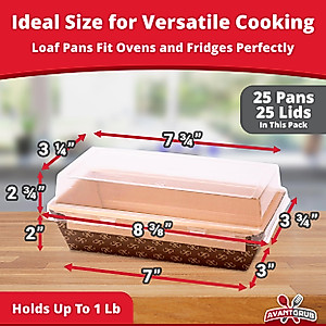 Chef-Grade 7x3in 1Lb Paper Loaf Pans w/Lids 25 Pk. Elegant Disposable Bakeable Kraft Pan Supplies for Baking Bread, Small Meatloaf, Bundt Cake, Sweets for Holiday Gifts Bake Sales or Fundraiser.