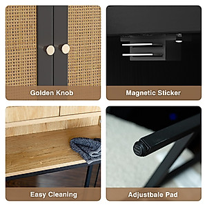 Rattan Toilet Storage Cabinet, Over The Rack Wood Cabinet with Metal Stand, Bathroom Organizer with Adjustable Shelf, Tall Freestanding Washer Shelf, Small Cupboard, Space Saver, Natural style, Black