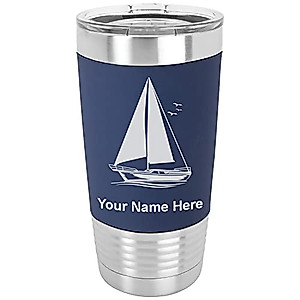 LaserGram 20oz Vacuum Insulated Tumbler Mug, Sailboat, Personalized Engraving Included (Silicone Grip, Navy Blue)