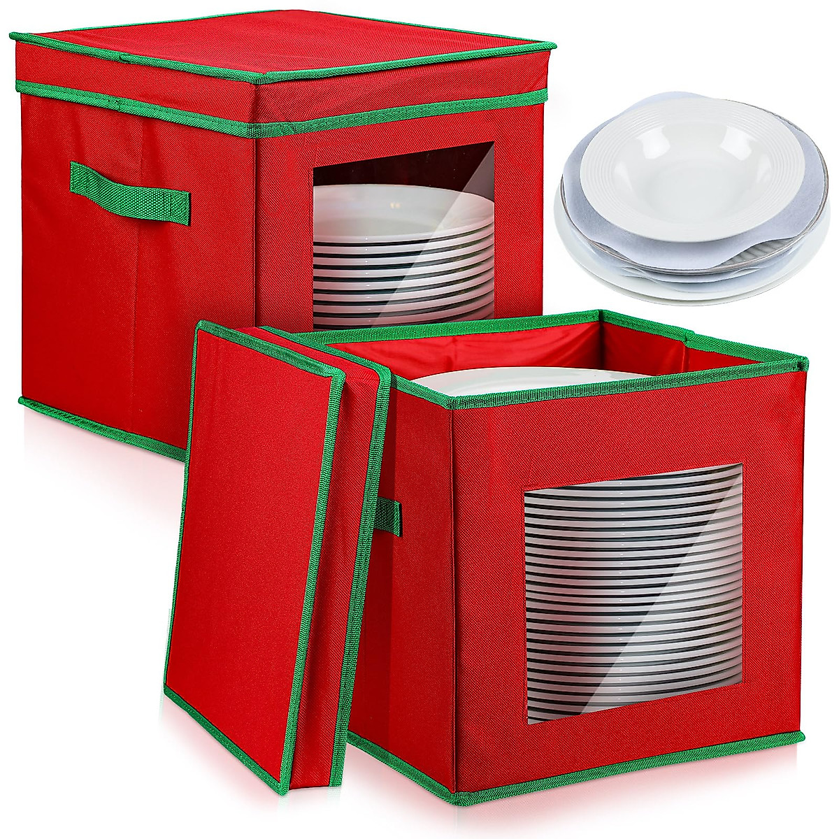 Abbylike 2 Set Christmas Dish Storage Containers with 24 Felt Dividers Plate Storage Containers with Lid and Handles Glassware Storage Mug Storage Hold 24 Plates, 12.6" x 12.6"