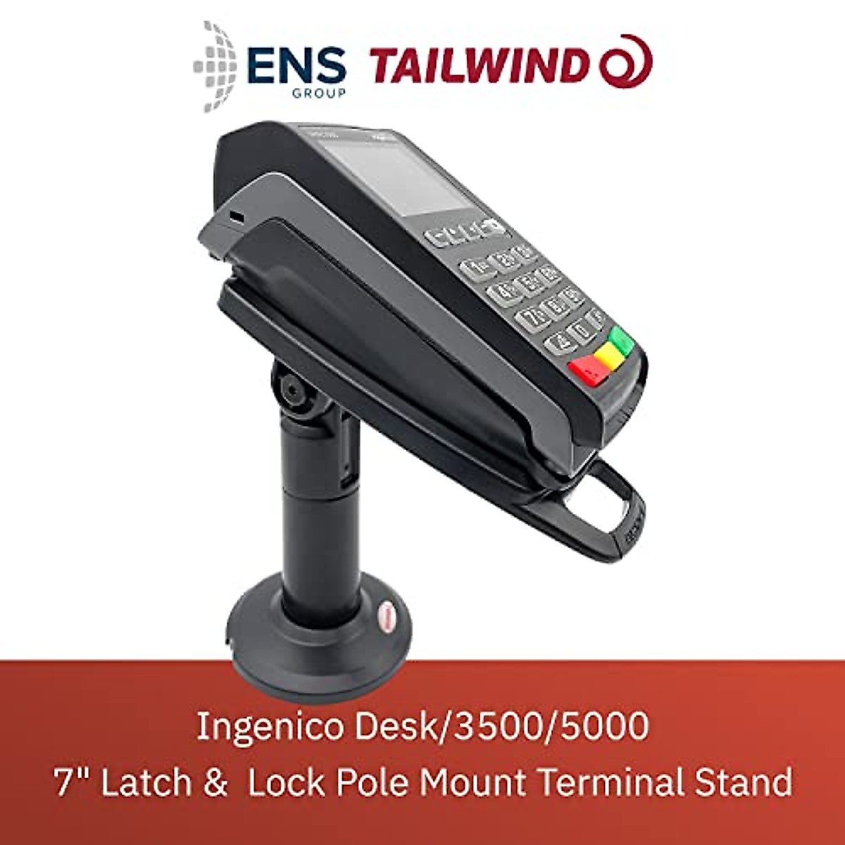 ENS Tailwind Ingenico Desk/3500/5000 7" Latch and Lock Pole Mount Terminal Stand, Slim Design, Adhesive Installation, Black