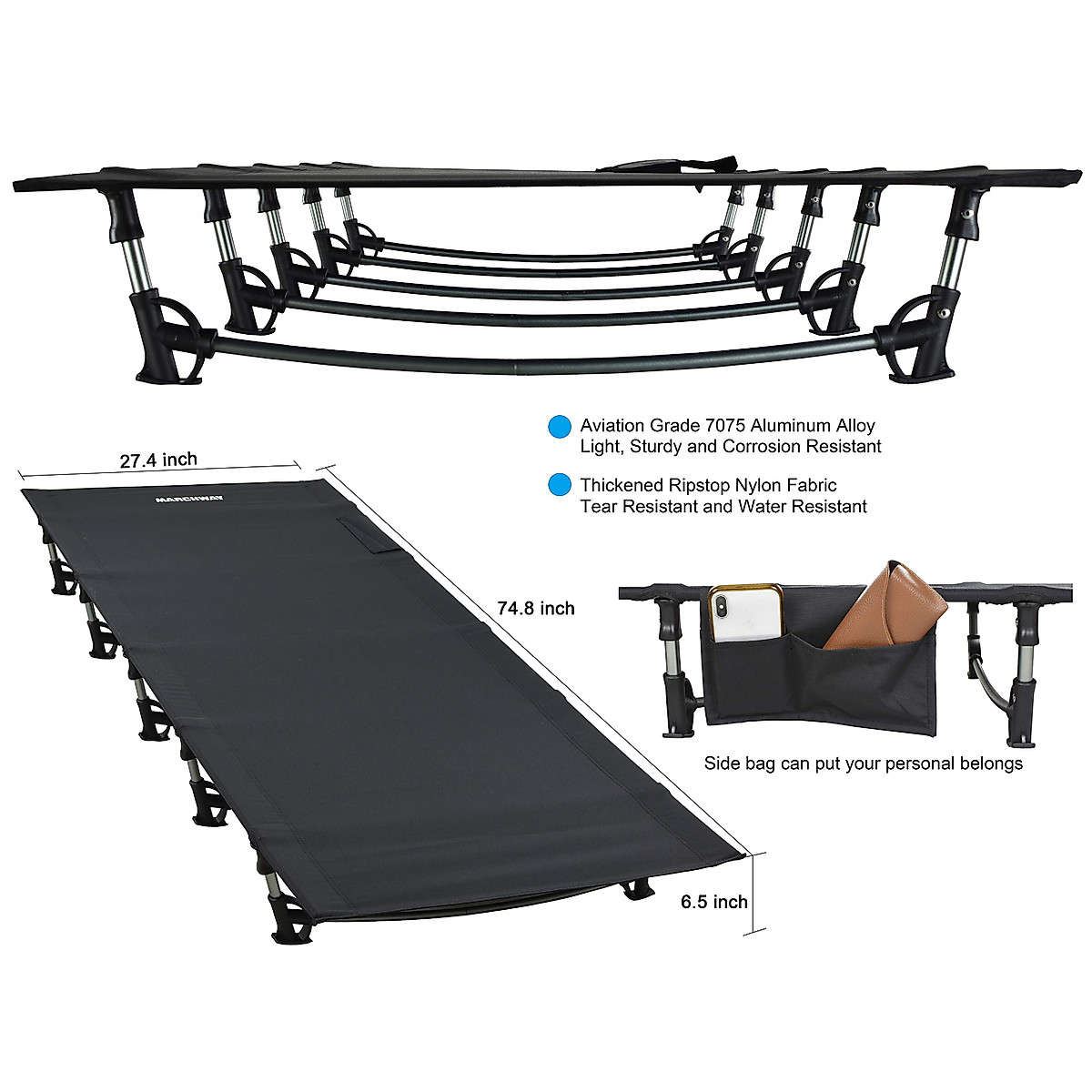 MARCHWAY Ultralight Folding Tent Camping Cot Bed, Portable Compact for Outdoor Travel, Base Camp, Hiking, Mountaineering, Lightweight Backpacking (Black)