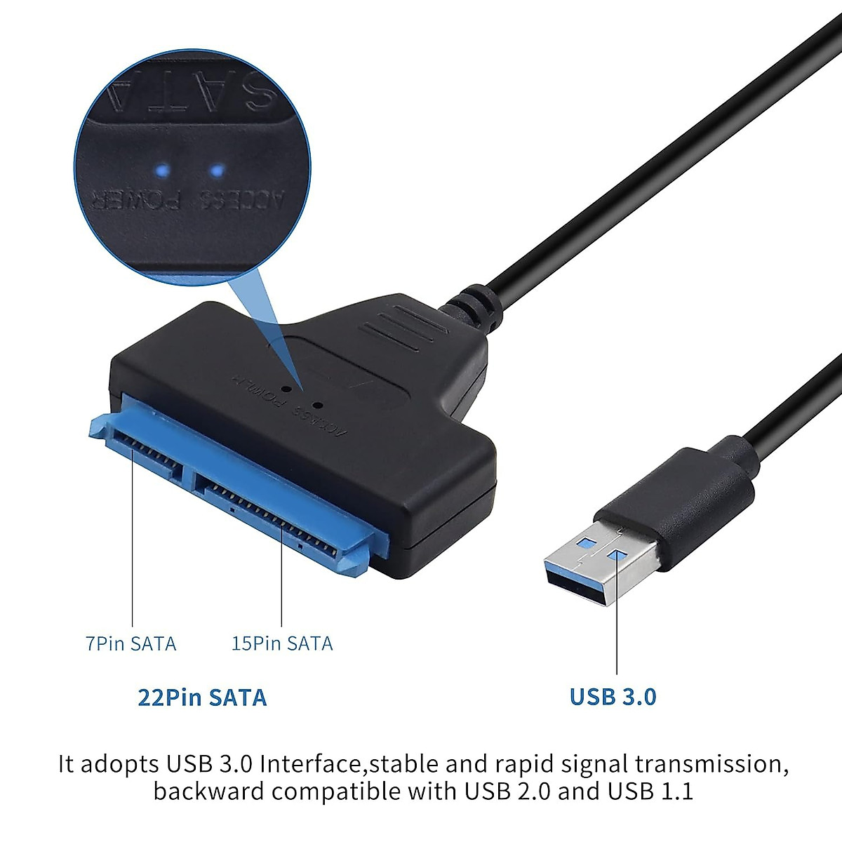 SATA to USB A Cable, USB 3.0 SATA I/II/III Hard Drive Adapter Cable for 2.5 inch SSD & HDD [Optimized for SSD/HDD Data Transfer, Support UASP ] Black