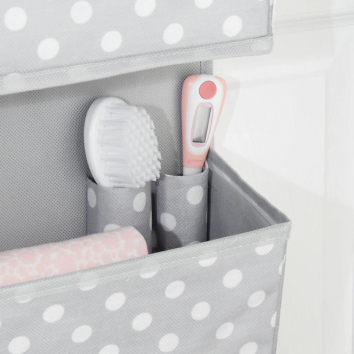 mDesign Fabric Baby Nursery Hanging Organizers for Over The Door Storage for Kids - 3 Pocket Organizer Caddy with Hooks for Clothing, School, Diaper, Toy, and Outfit Storage - Polka Dot, Gray/White