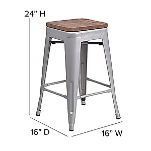 EMMA + OLIVER Commercial Grade 24" H Backless Silver Metal Indoor-Outdoor Counter Height Stool