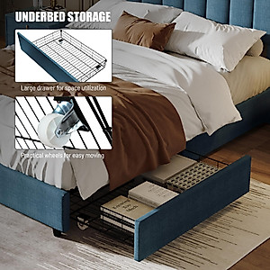 Queen Size Linen Upholstered Platform Bed Frames with Adjustable Headboard, Rivets Design Platform Bed with 2 Storage Drawers, Noise-Free for Bedroom Small Living Space Boys Girls Adults Teems, Blue