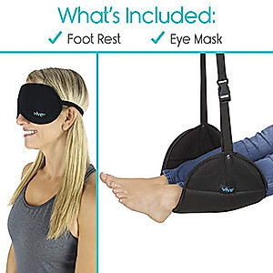 Vive Airplane Foot Rest (Plus Sleep Mask) - Elevated Leg Hammock for Airlines, Travel and Home - Adjustable Foot Sling for Under Office Desk, Flights and Train - Portable Cushion with Carrying Case