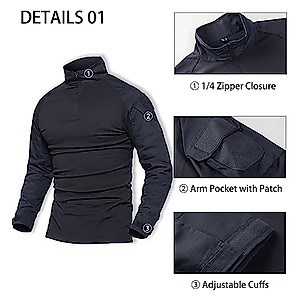 MAGCOMSEN Tactical Men's T-Shirt with Pockets, Long Sleeve, Zipper, High Neck, Lightweight, Black