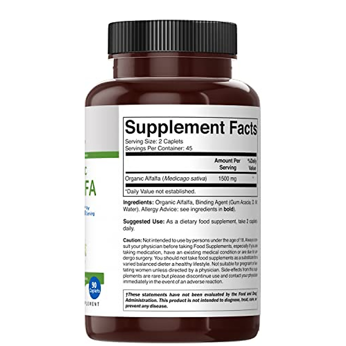 Brieofood Organic Alfalfa 1500mg, 45 Servings, Vegetarian, Gluten Free, 90 Vegetarian Tablets