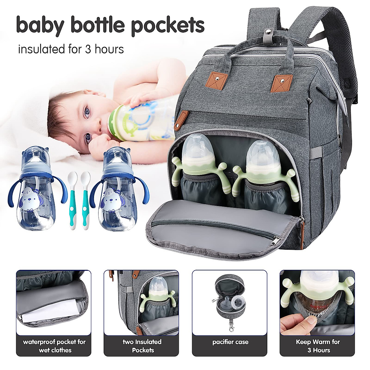 DERJUNSTAR Diaper Bag Backpack – Large Capacity Baby Diaper Bag with Changing Pad, Waterproof Travel Backpack for Boys & Girls, Multi-Function Baby Bag with USB Charging Port, Grey