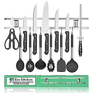 Magnetic Knife Holder for Wall - Stainless Steel Knife Magnetic Strip 18 Inch - Wall Knife Magnet Bar Rack With Hooks