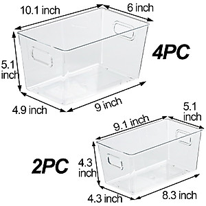 ZEXALOR 6pcs Plastic Storage Bin 2-Size Clear Storage Containers for Kitchen Pantry Organization and Storage Bins, Organizing Bins with Built in Handles, Cabinet Organizers, Clear