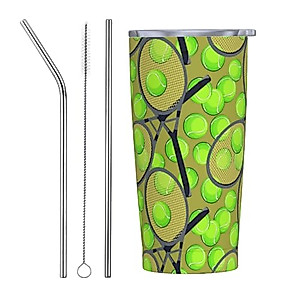 Yaxongx 20oz Tumbler Green Tennis Double Wall Vacuum Insulated Coffee Mug with Lid and Metal Straw Brush Reusable Stainless Steel Water Bottle Travel Cup Gifts for Car Ice Drinks Hot Beverage