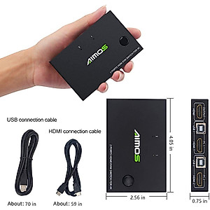 AIMOS KVM Switch 2 Ports, HDMI USB KVM Switcher Support Keyboard Hotkey Switch Way, for 2PC Share One Keyboard Mouse and Monitor, HUD 4K (3840x2160) Supported