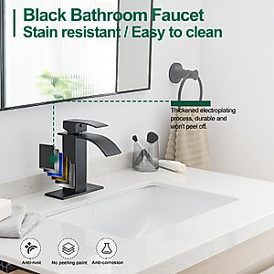 VOTON Black Bathroom Faucets Modern Waterfall Bathroom Sink Faucet Matte Black Single Handle Bathroom Faucet for 1 or 3 Holes with Deck Plate and Pop-Up Drain, Rv Sink Camper Farmhouse Bathroom Faucet
