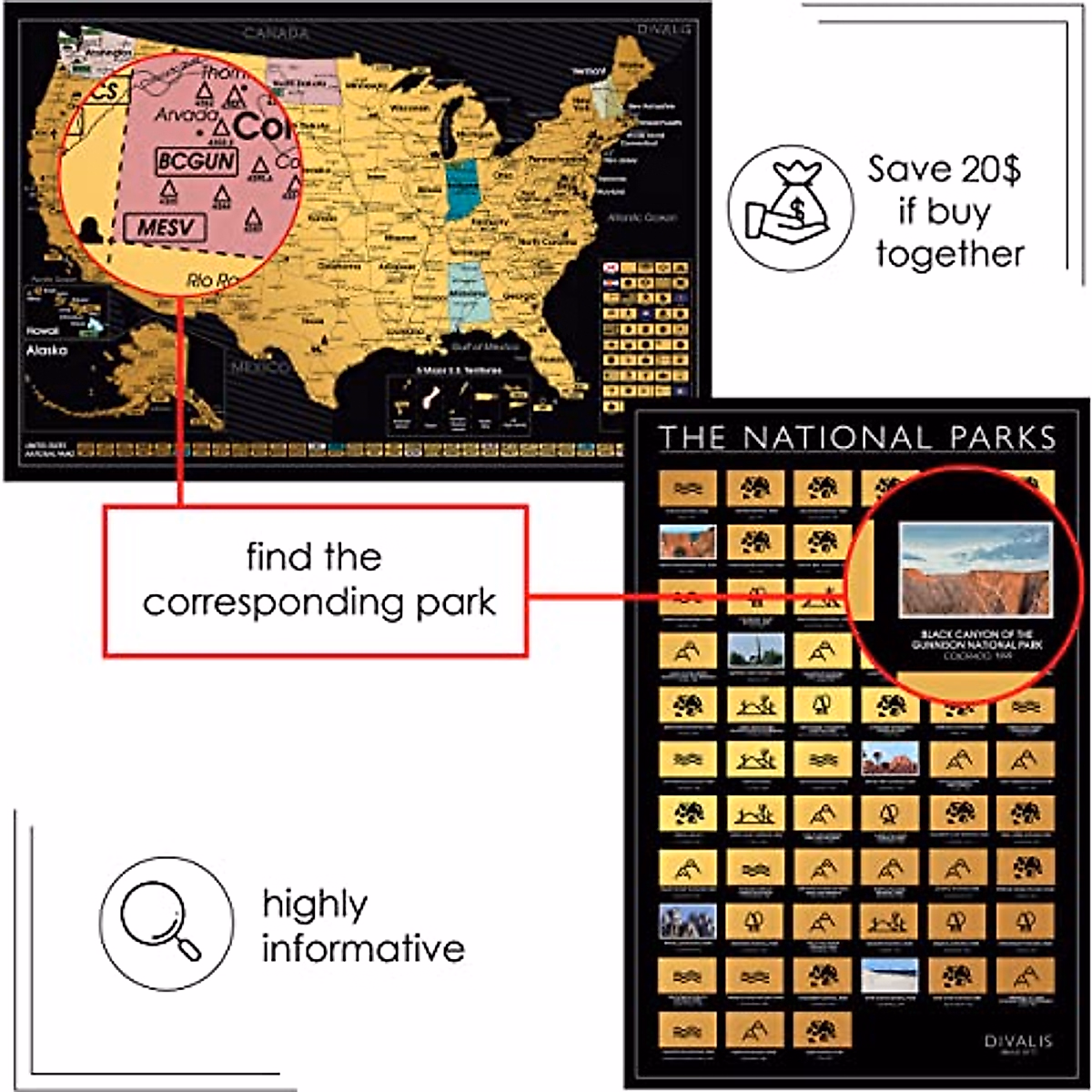 2 in 1 Gift Set - Scratch off US Map and 63 National Parks Poster - 24x16 Easy to Frame Scratchable United States of America Posters - Globetrotters Wall Map - Black and Gold Travel Tracker