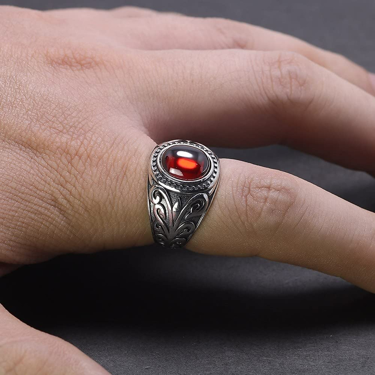 Red Garnet S925 Silver Damon salvatore heart TVD Ring Real ring For Men or woman, leaves Engraved, gemstone Fine Jewelry (9)