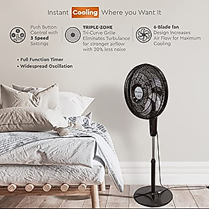 Comfort Zone PowrCurve CZST180BS 18" Stand Fan - 6 Blades, Tri-Curve Grill for Less Noise - 180° Adjustable Tilt, 3-Speed Button Control, Black/Silver
