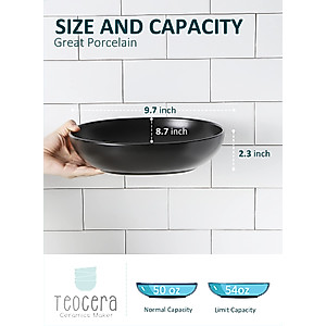 Teocera Pasta Bowls, Salad Bowls Set, Large Serving Bowls, 50 Ounce Porcelain Matte Black Bowls Set of 4 - Square Design, Microwave Dishwasher Safe