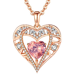 GEMMANCE 5 Heart Crystal Pendant Necklace - 925 Sterling Silver Chain - 18K Rose Gold Plated - Quartz Rose - 18”+2” Birthstone Jewelry for Women- Gifts for Birthday, Christmas