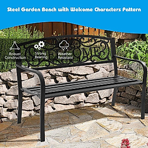Giantex Garden Bench, Antique Metal Outside Bench w/Warm Welcome Pattern, Elegant Bronze Finish and Durable Iron Frame for Park Yard Porch Chair (Black)
