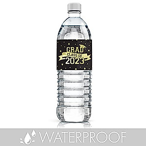 Graduation Water Bottle Labels Class of 2023 - Water Bottle Waterproof Wrappers - School Colors - 24 Stickers (Gold Black)