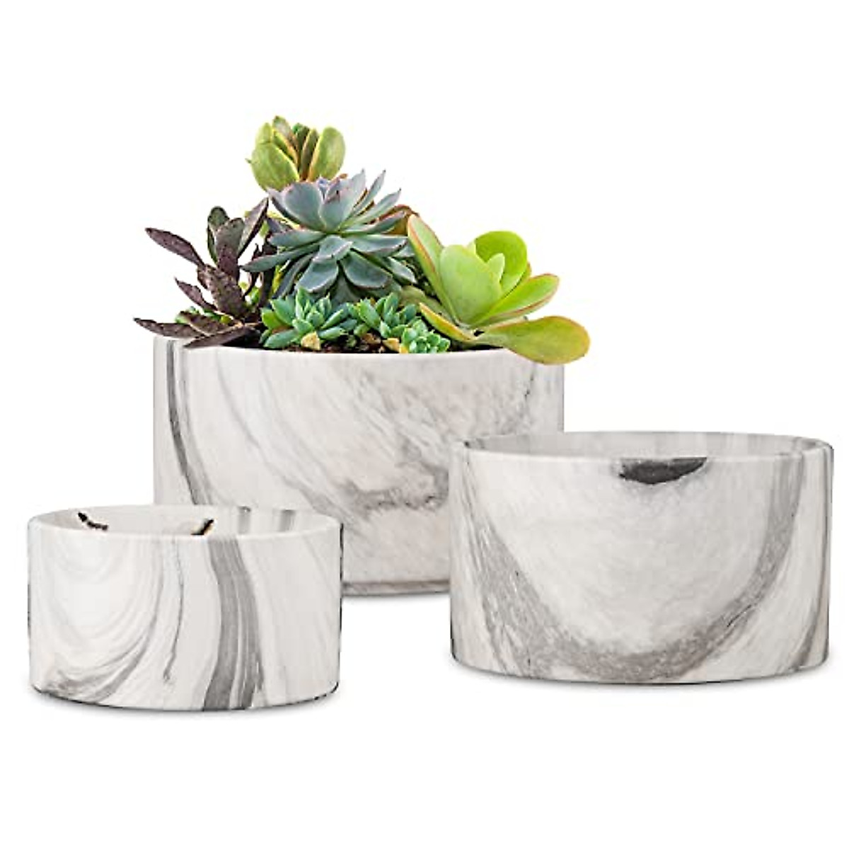 5.7/4.9/4.1 inch Ceramic Succulent Planters Set of 3 Round Indoor Plant Pots Marble Shallow Bowl Planters for Indoor Plants Cactus Aloe Flower Bonsai Home Office Living Room