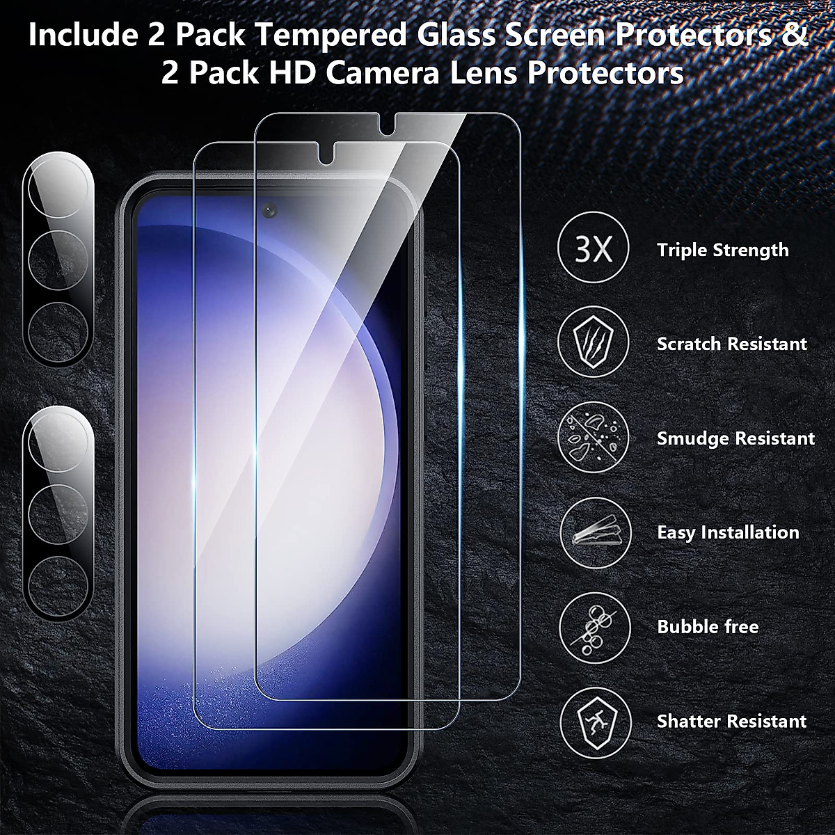 SPIDERCASE Designed for Samsung Galaxy S23 Case, [10 FT Military Grade Drop Protection], 2 Pack [Tempered Glass Screen Protector+Camera Lens Protector] Heavy Duty Shockproof Case, Black