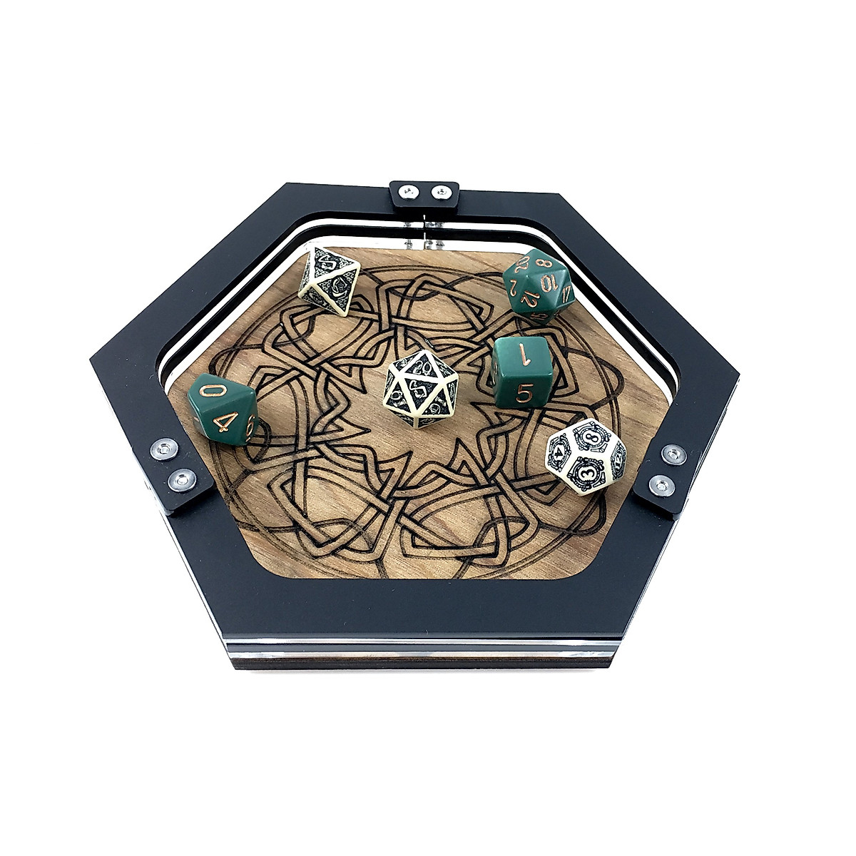 C4Labs Mini Personal Size Gaming Celtic Knot Design Dice Tray, Black, Wood, Acrylic, Stainless Steel