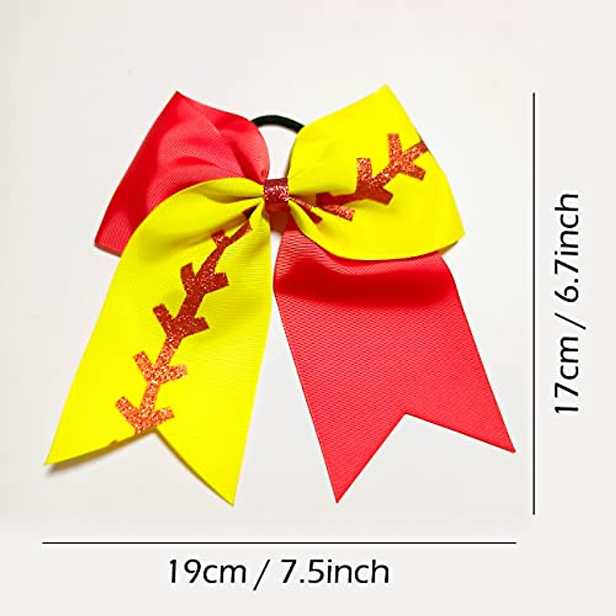 Baseball Softball Cheer Bow Elastic Hair Tie 7" Girls Team Cheerleader Ponytail Holder Large Handmade Cheerleading Ribbon Accessories Sports Outfit Decor Gift Glitter Red Yellow White