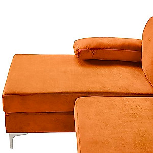 Casa Andrea Milano Modern Large Velvet Fabric Sectional Sofa, L-Shape Couch with Extra Wide Chaise Lounge, Orange